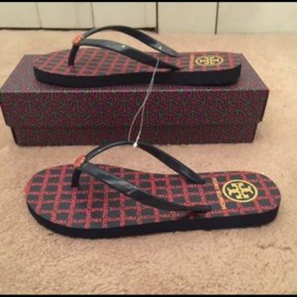 Tory Burch | Shoes | Nib Tory Burch Navy Letter Check Flip Flops | Poshmark
